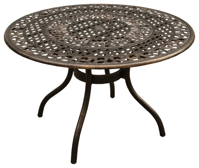Patio Dining Table, Weatherproof Aluminum Round Top With Ornate Details ...