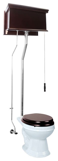 Dark Oak High Tank Pull Chain Toilet Round Bowl with Chrome L-pipe ...