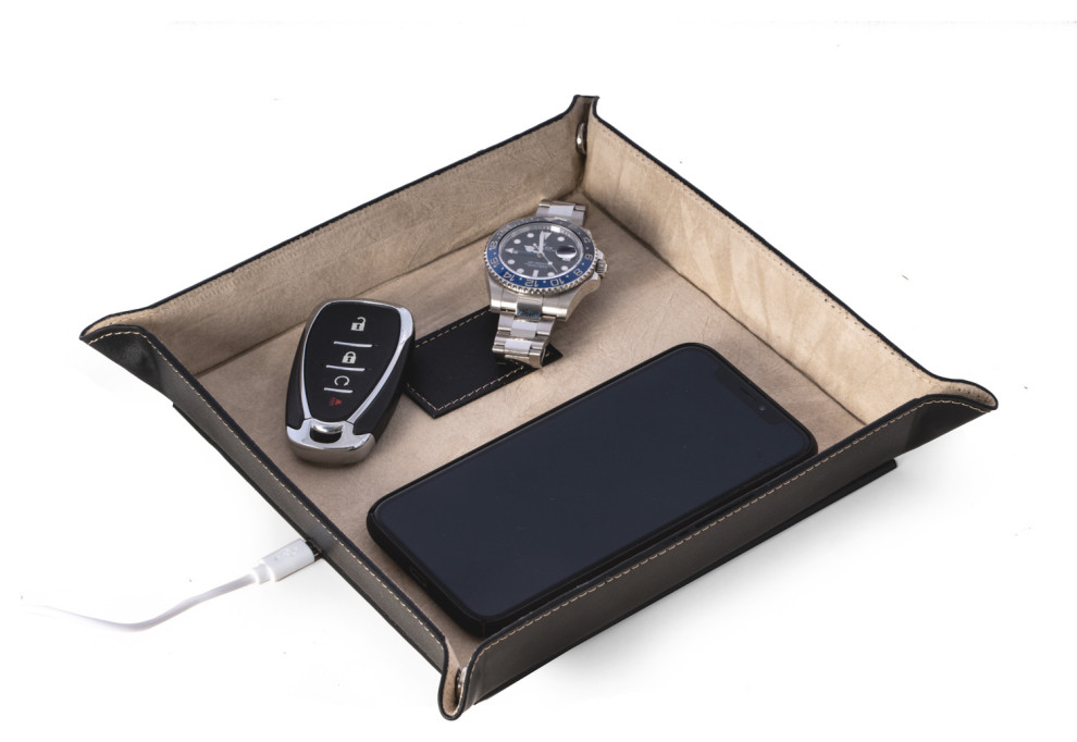 Black Leather Valet Tray, Wireless Charger - Modern - Dresser Valets ...