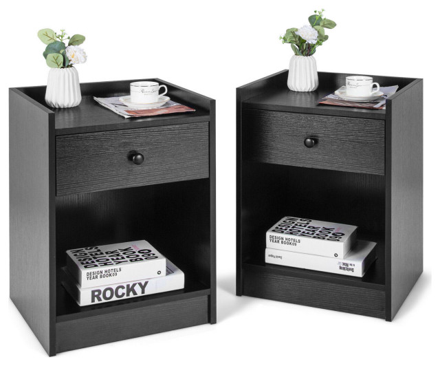 Set of 2 Nightstand, Lower Open Shelf & Upper Drawer With Round Pull ...