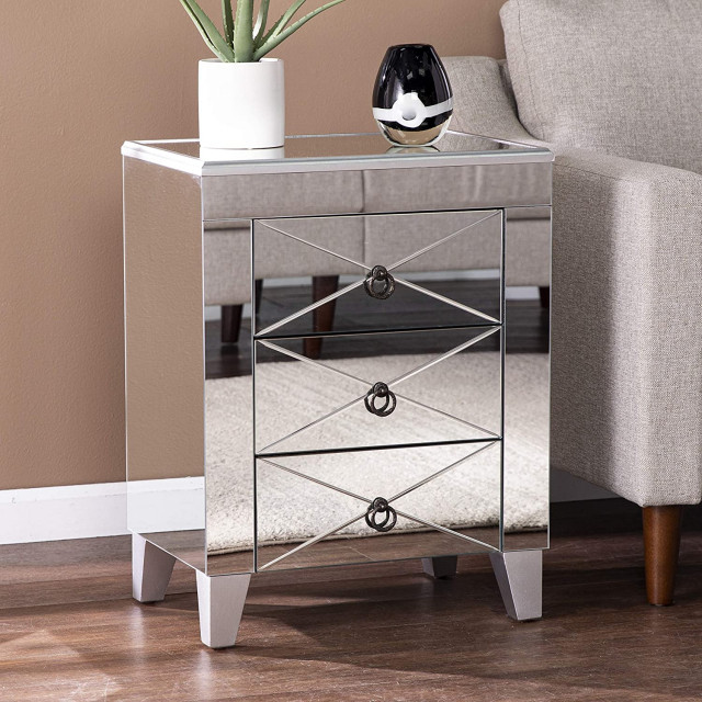 Modern Silver Mirrored Side Table with 3 Storage Drawers and ...