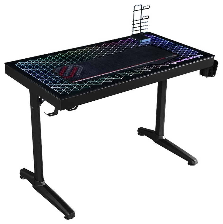 Pemberly Row Modern Metal Gaming Desk with Tempered Glass Top in Black ...