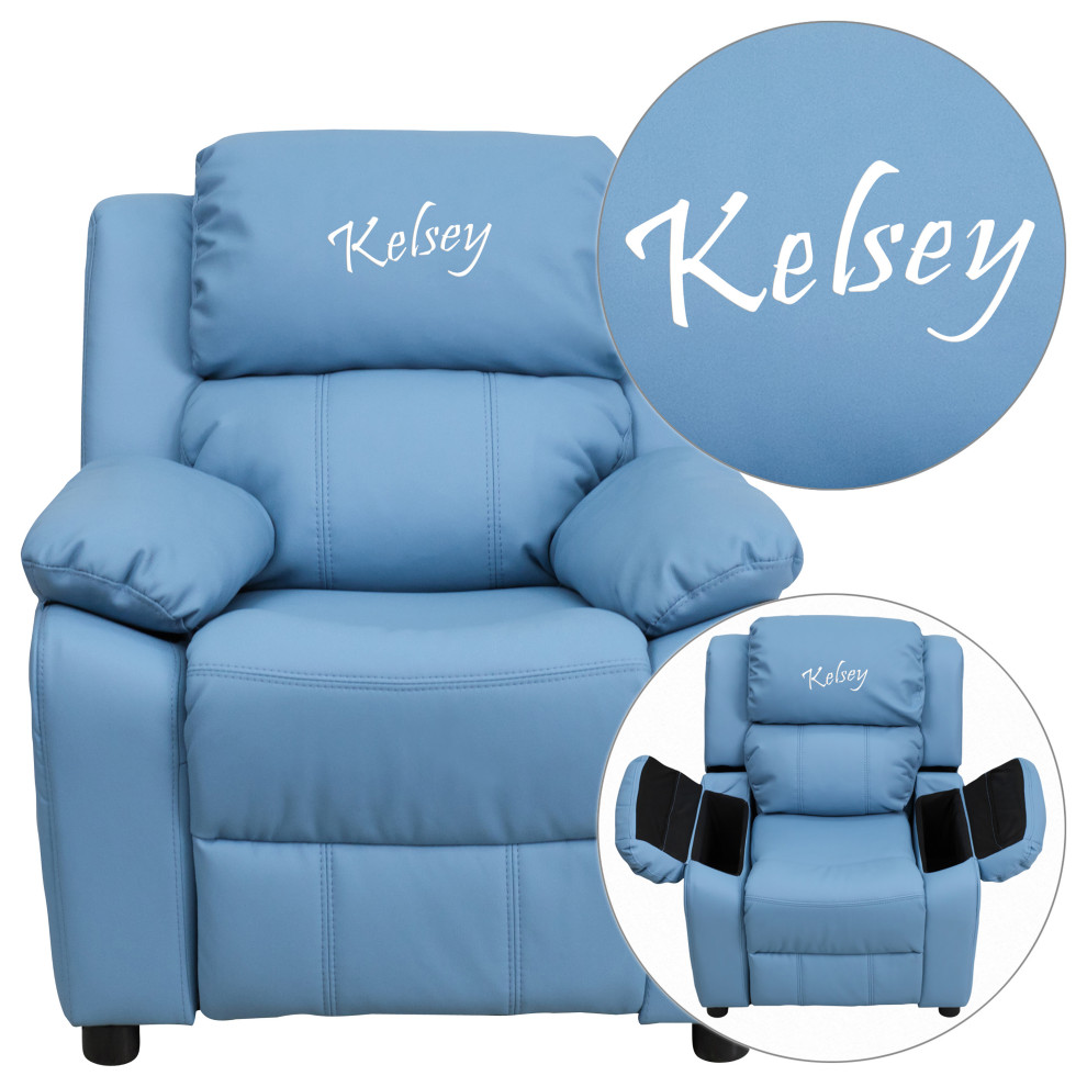 Personalized Deluxe Padded Light Blue Vinyl Kids Recliner with Storage ...