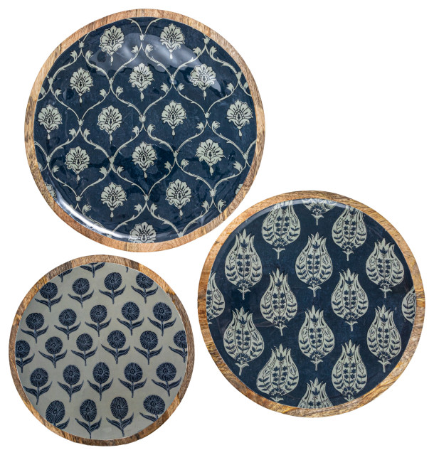 Enameled Mango Wood Trays With Floral Pattern, Blue, Set of 3 ...