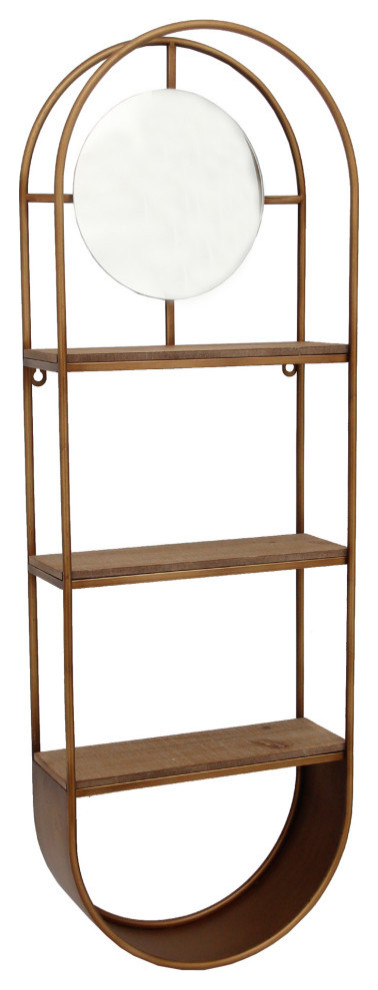 Metal/Wood 35" Oval Wall Shelf With Mirror, Bronze - Transitional ...