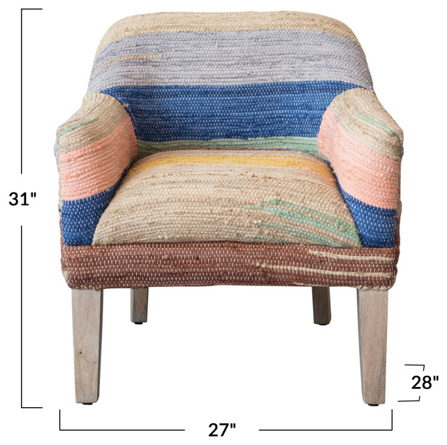Woven Cotton Chindi Upholstered Chair With Mango Wood Legs, Multicolor ...