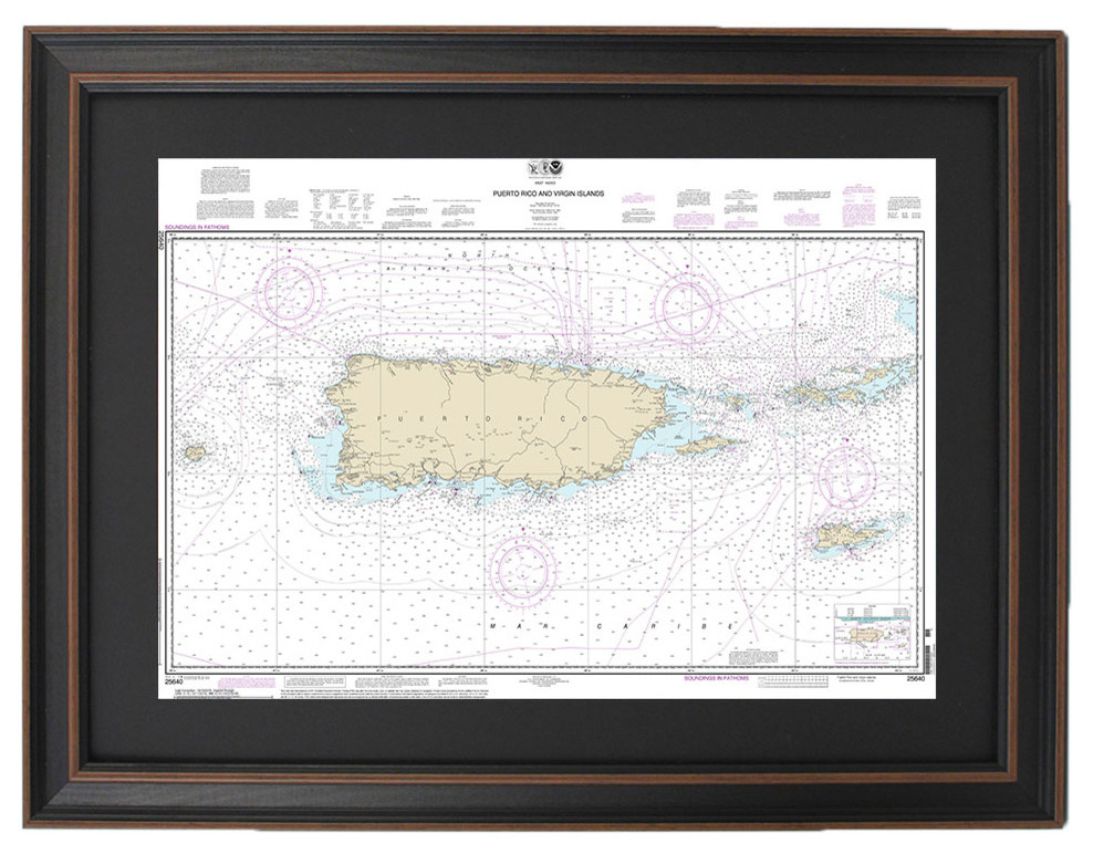 Framed Nautical Chart, Puerto Rico And Virgin Islands - Traditional ...