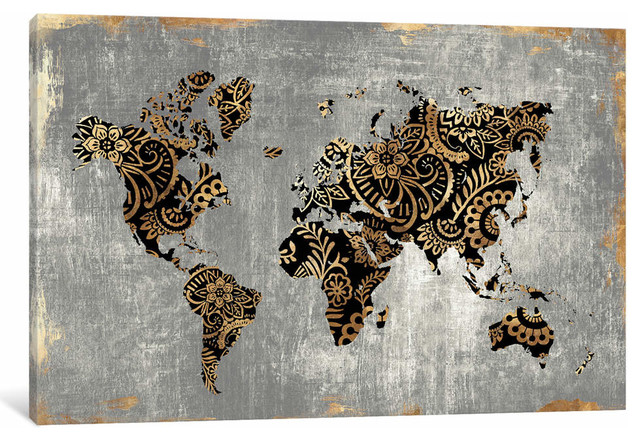 Gold World Map by Eva Watts Canvas Print, 26"x40"x1.5" - Contemporary ...