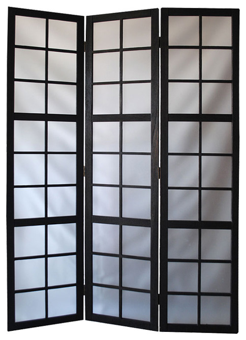 3 Panel Room Divider with Frosted Glass Like Plastic Inserts, Black and ...