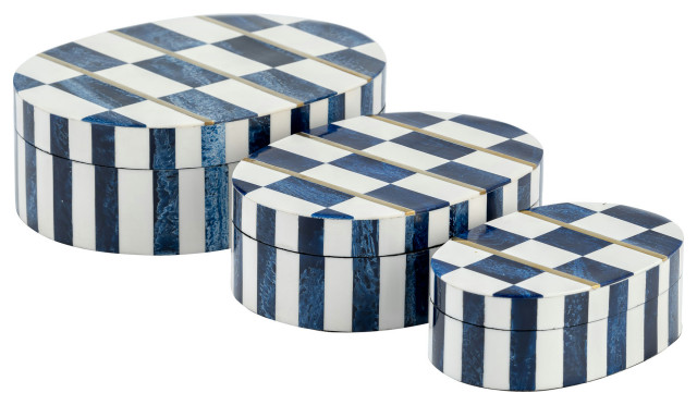 Resin,s/3 6/7/9"checkered Pttrn Oval Boxes,wht/ble - Contemporary ...