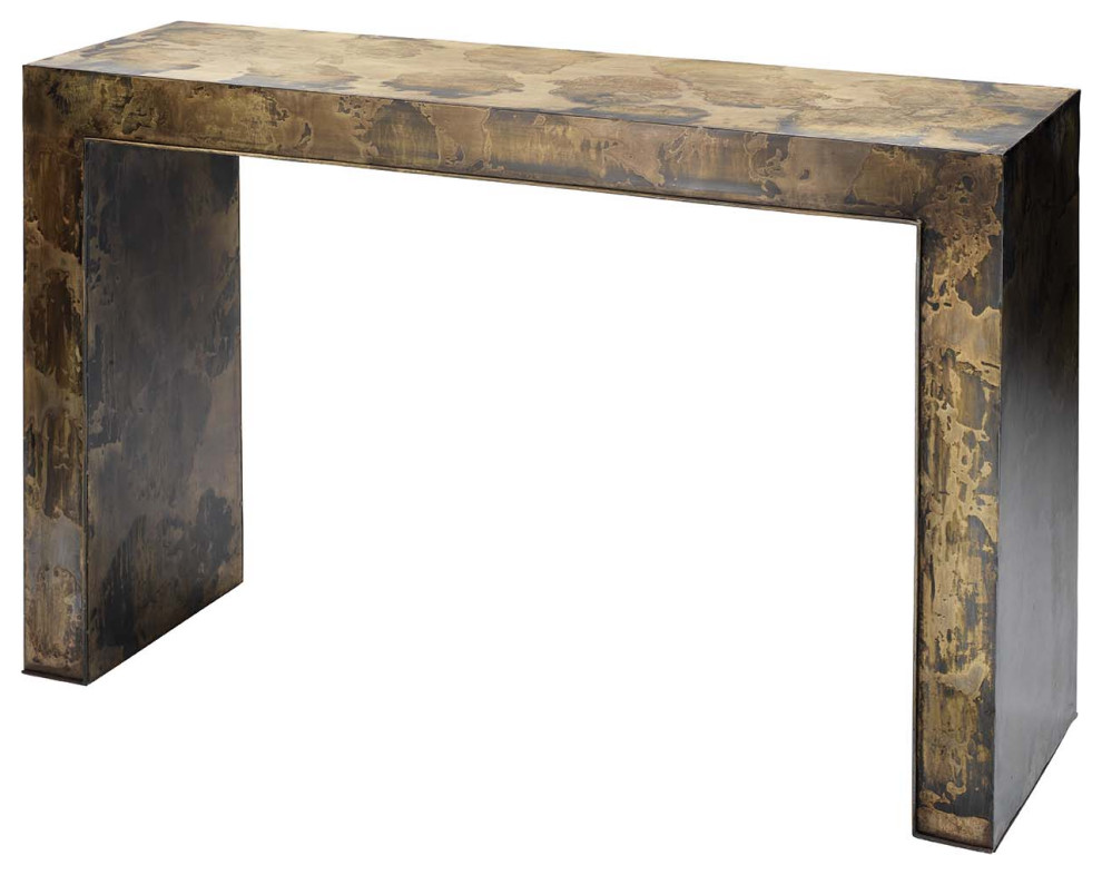 Luxe Burnished Bronze Metal Console Table Minimalist Modern Mottled ...