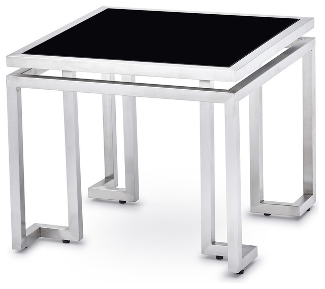 Plaza End Table Opaque Black Tempered Glass Top Brushed Stainless Steel ...