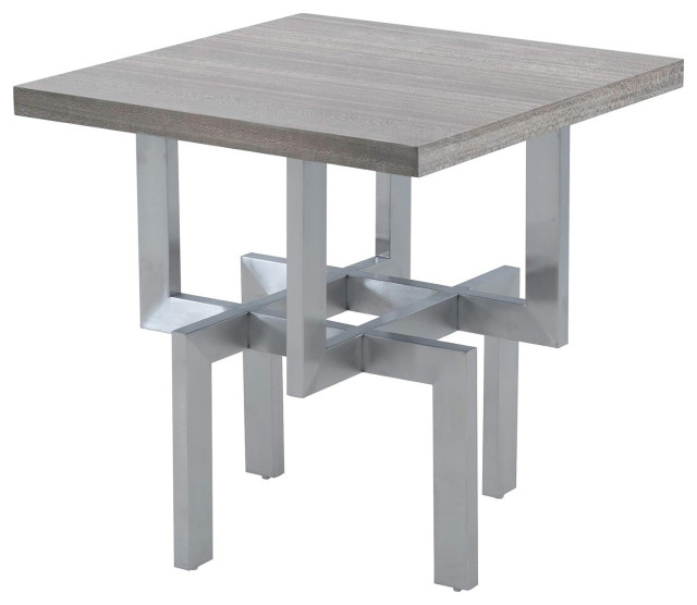 Contemporary Gray Wood End Table, Geometric Stainless Steel Base, Grey ...