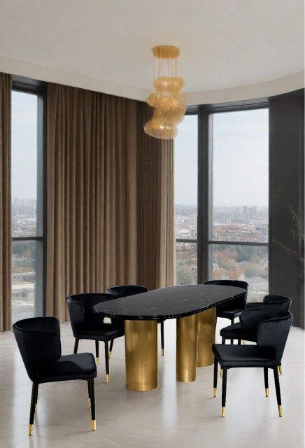 Balmain Stone Top Oval Gold Dining Table With 6 Black Chairs ...