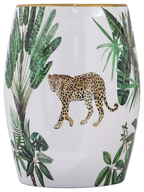 18" Ceramic Accent Table, Drum Shape, Tropical Print, White, Green ...