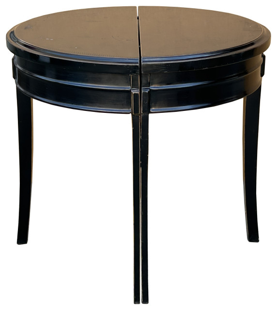 Chinese Black Lacquer Wood 2 Half Side Round Pedestal Center Table ...