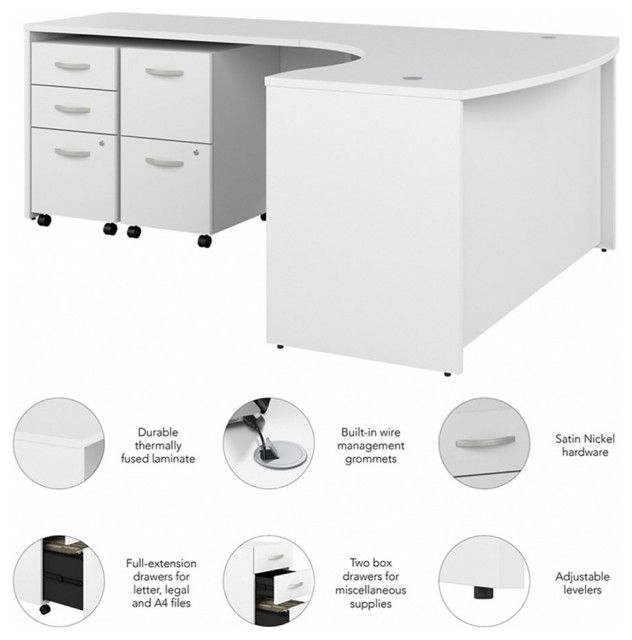 Studio C 60W Left Hand L-Bow Desk with Drawers in White - Engineered ...