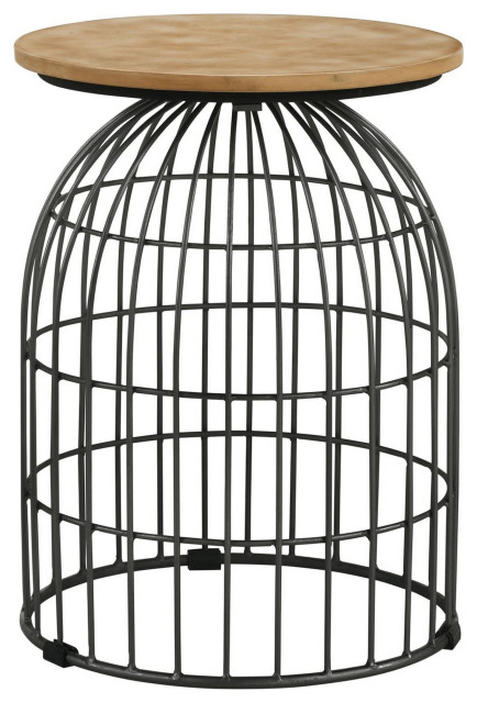 21" Round Accent Table With Bird Cage Style Base, Beige Marble, Black ...