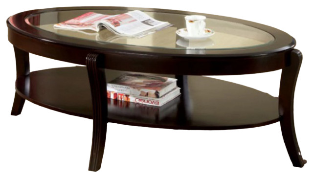 Oval Coffee Table with Curved Legs, Open Shelf, and Glass Top, Espresso ...