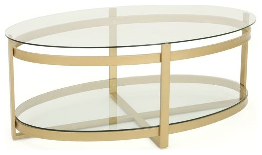 Contemporary Round Coffee Table, Gold Frame, Clear Glass Top, Lower ...