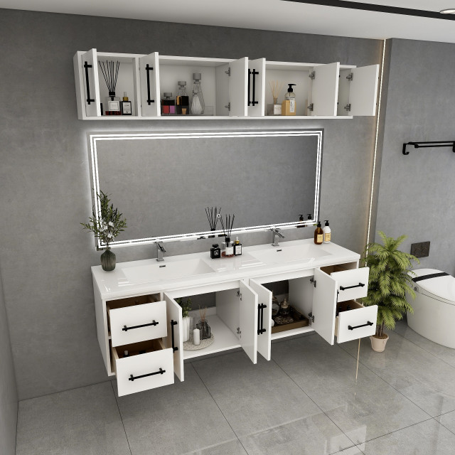 Victoria 72" Double Sink Solid Wood Vanity, Overhead Cabinet - Modern ...