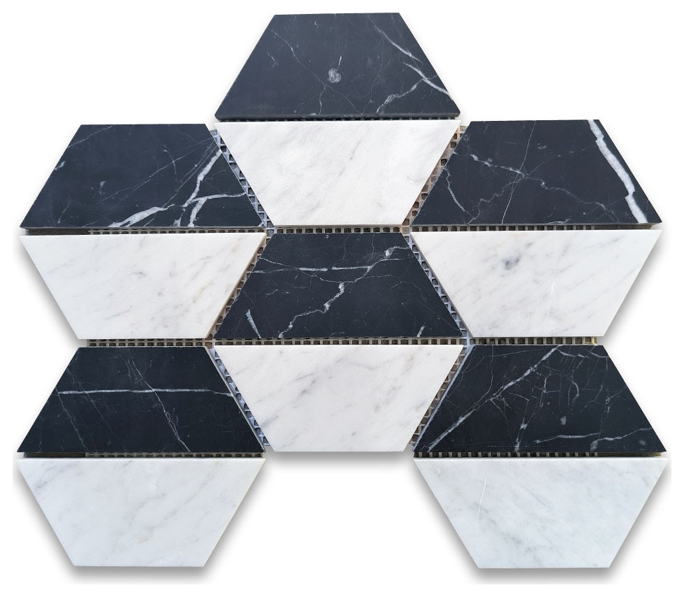 Carrara White Marble Trapezoid Split Hexagon Mosaic Tile Black Honed, 1 ...