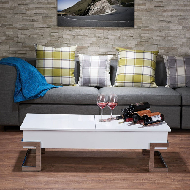 Modern White Coffee Table with Lift Top and Chrome Frame, Unique Design ...