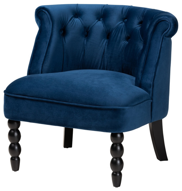 Classic and Traditional Navy Blue Velvet Fabric Wood Accent Chair ...