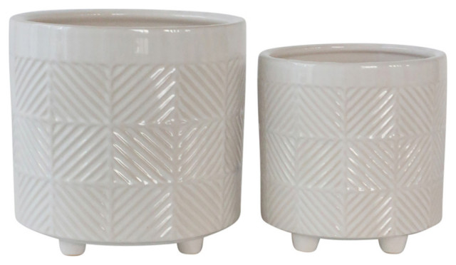2-Piece Set Textured Planters, Shiny White - Transitional - Indoor Pots ...