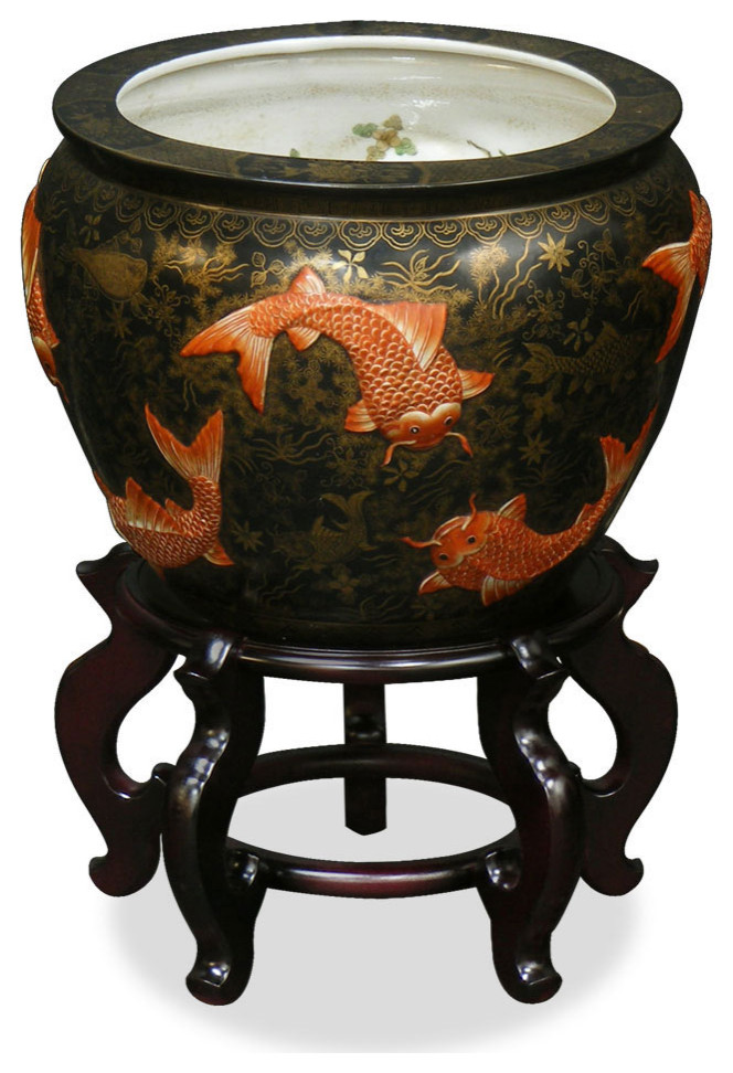 16 Inch Porcelain Koi Fish Motif Chinese Fishbowl Planter - Asian ...