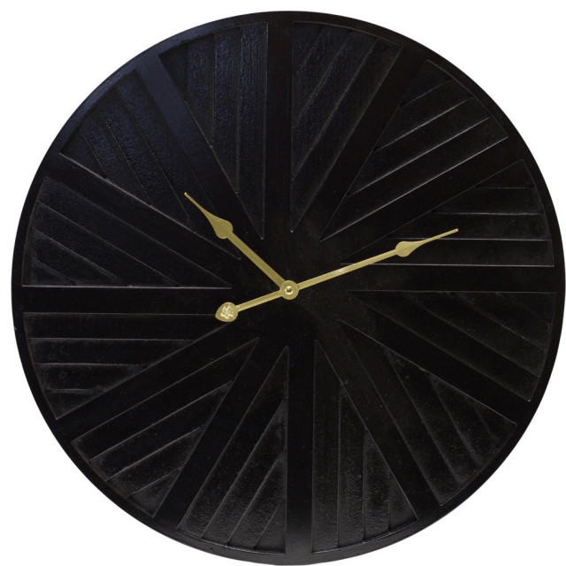 20" Circle Black Wood and Solid Wood Analog Wall Clock - Transitional ...