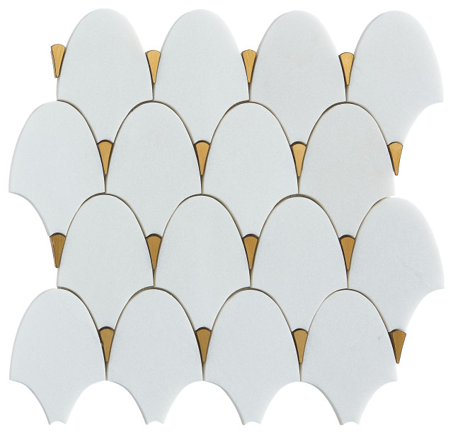 Fan Shape - Thassos White With Gold Metal Mosaic Tile - Traditional ...