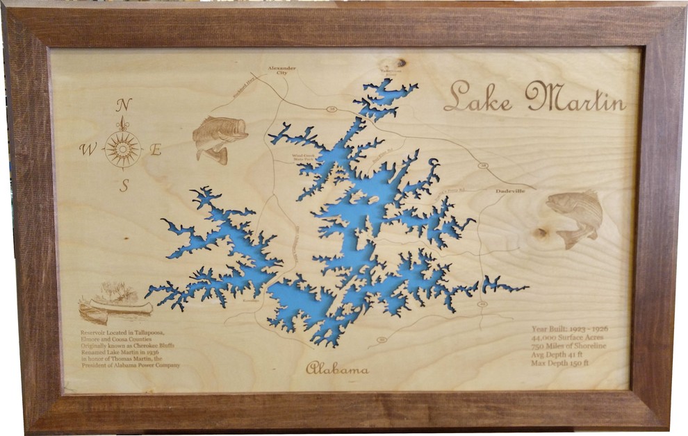Lake Martin, Alabama-Wood Lake Map, Large - Contemporary - Wall Accents ...
