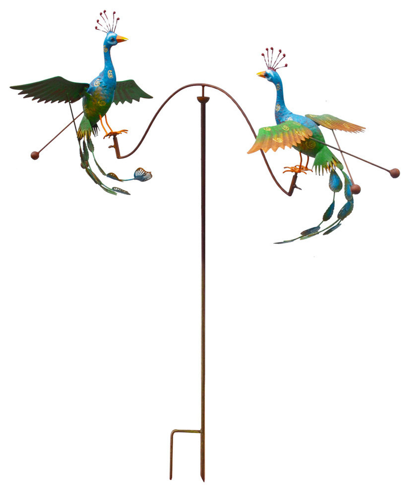 Metal Rustic Double Peacocks Balancing Rocker Garden Stake - Tropical ...