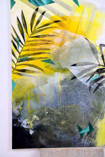 Yellow Abstract landscape painting, plam leaf art, Tropical acrylic ...