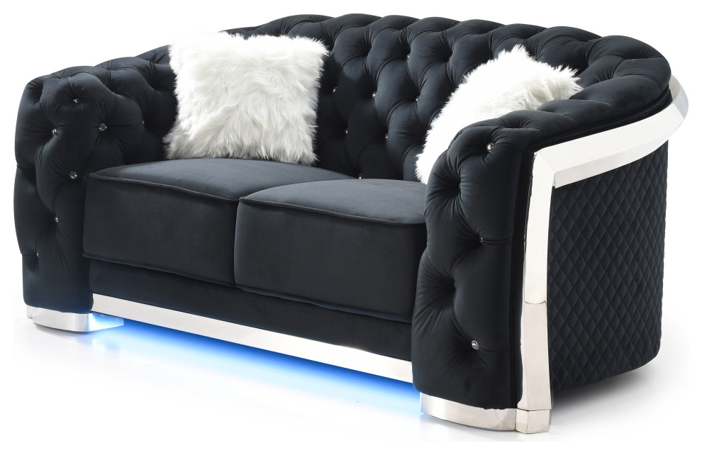 Sapphire Black Tufted Velvet Loveseat with LED Lights - Contemporary ...