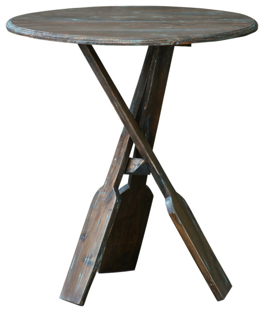 Round Boat Oar Accent Table Distressed Brown Blue Solid Wood Nautical ...