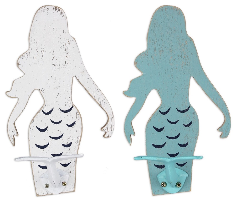 Blue and White Mermaid Tails Single Wall Hooks Set of 2 Wood and Metal ...