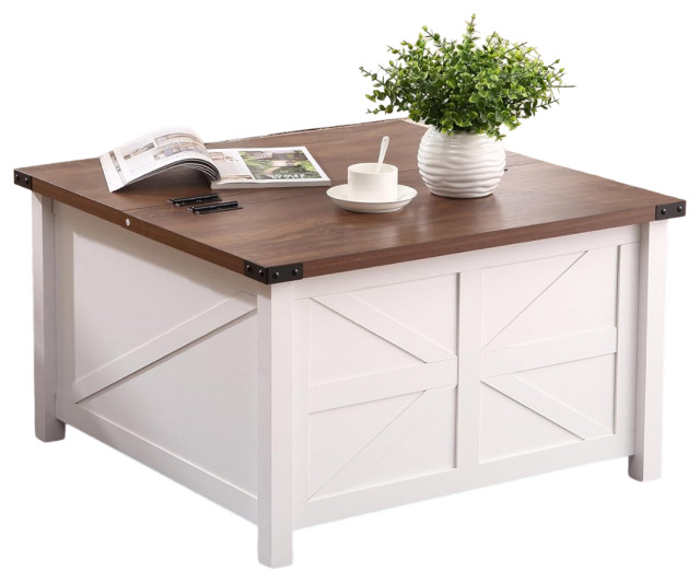Farmhouse Coffee Table, Hinged Lift Up Top & Hidden Storage Compartment ...