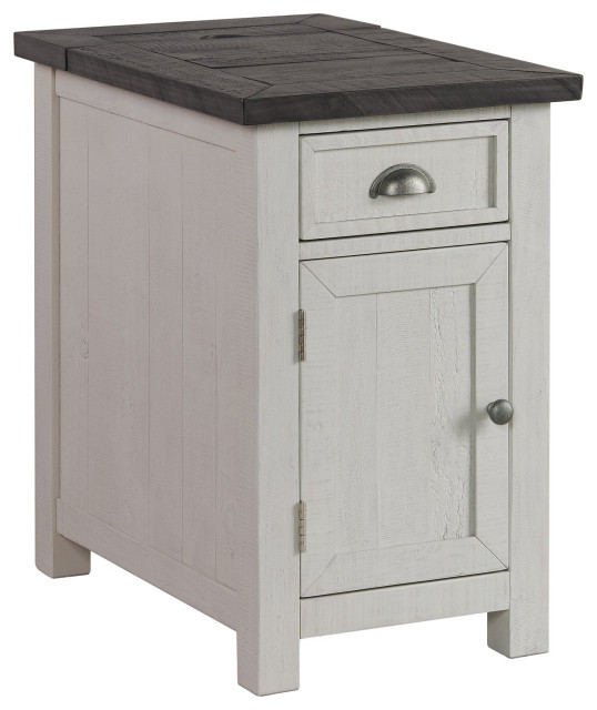 Rustic End Table, Pine Wood Construction With Charging Station, White Stain/Grey - Farmhouse ...