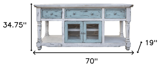 70" Blue and White Solid Wood Open shelving Distressed TV Stand ...