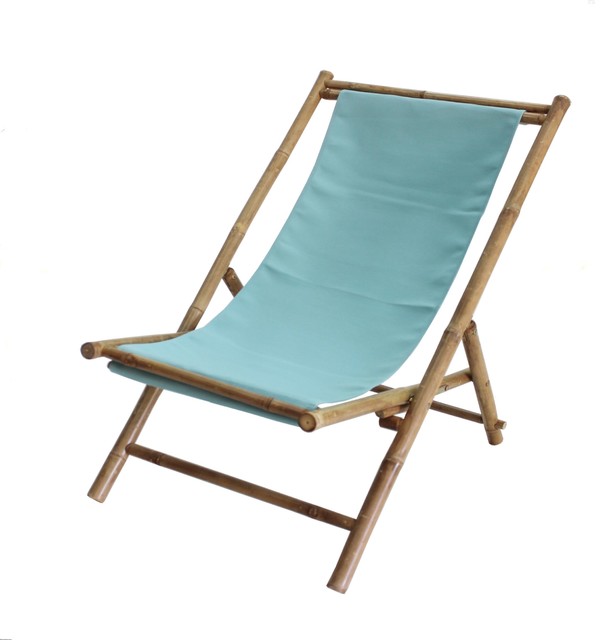 Folding Bamboo Relax Sling Chair - Light Blue Canvas - Asian - Outdoor ...