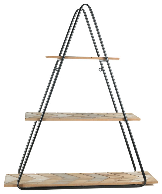 Metal and Wood 3 Tier Triangle Wall Shelf with Back Hangers,Brown and ...