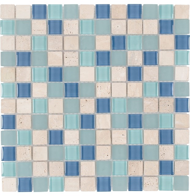 MTO0265 Contemporary Squares Blue White Turquoise Glossy Glass Stone ...