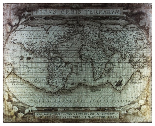 Metal Etched Painting of "Tyous Orbis Terrarum" Map, Galvanized Gray - Contemporary - Metal Wall ...