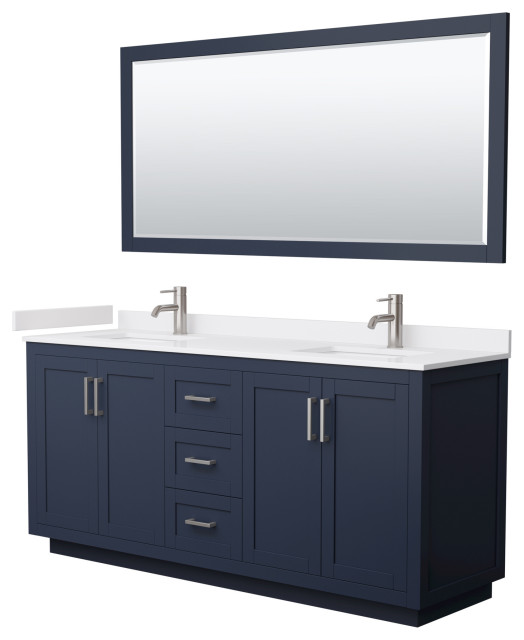 Miranda 72" Dark Blue Double Vanity, White Marble Top, Nickel Trim, 70 ...