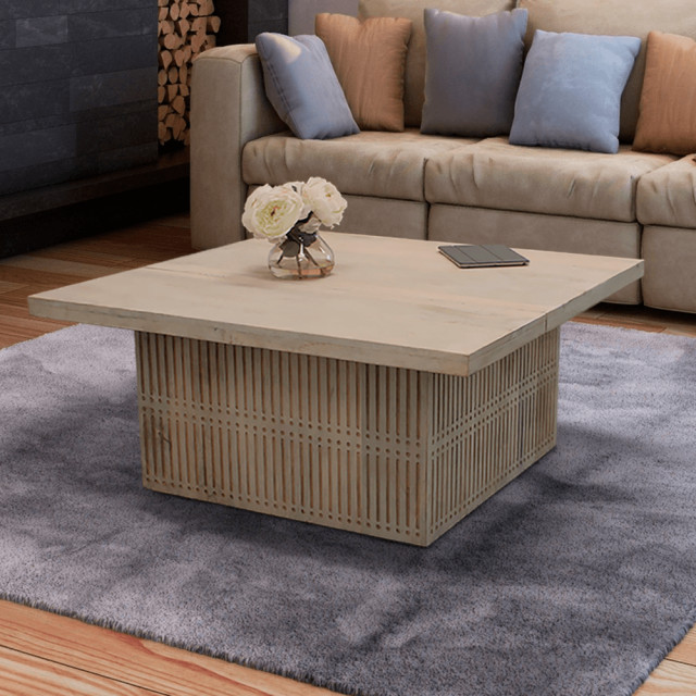 Rustic Graywash Carved Wood Storage Coffee Table - Farmhouse - Coffee ...