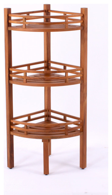 Dussi Teak Wood Freestanding 3 Tier Corner Bathroom Storage Shelf ...
