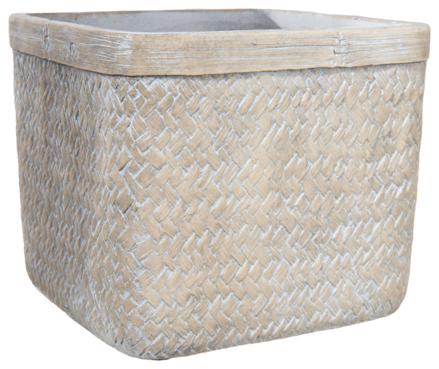 Square Cement Pot with Basket Weave Design Washed Tan Finish, Medium ...
