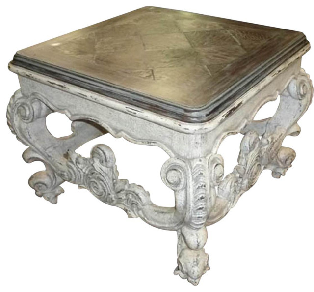 End Table Baroque Rococo Carved, Distressed White Wood, Oak Parquet ...